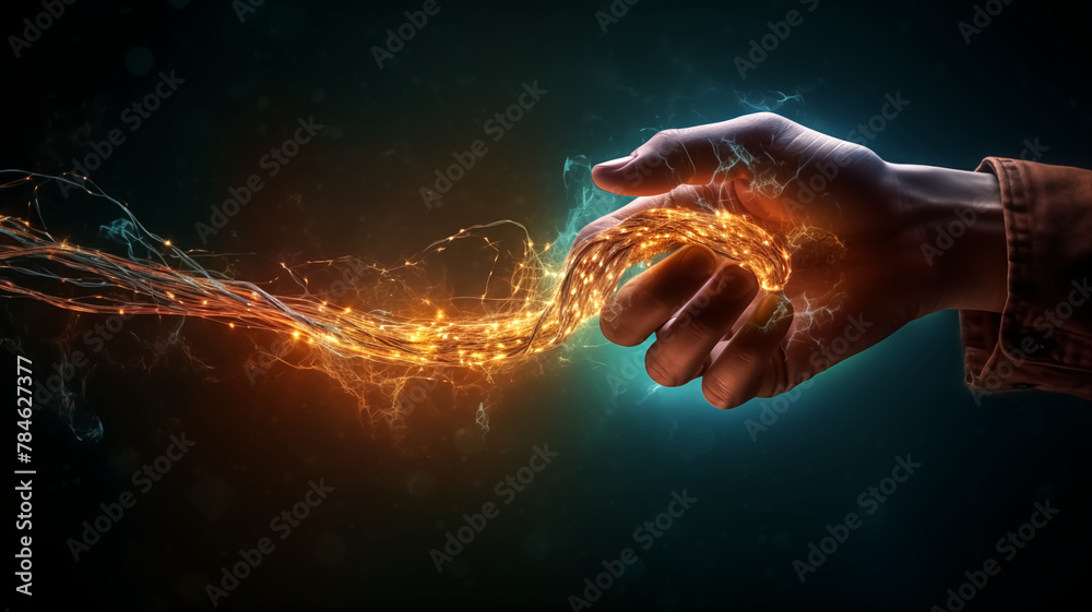 Hand with dynamic energy particles flowing from fingertips. Power and ...