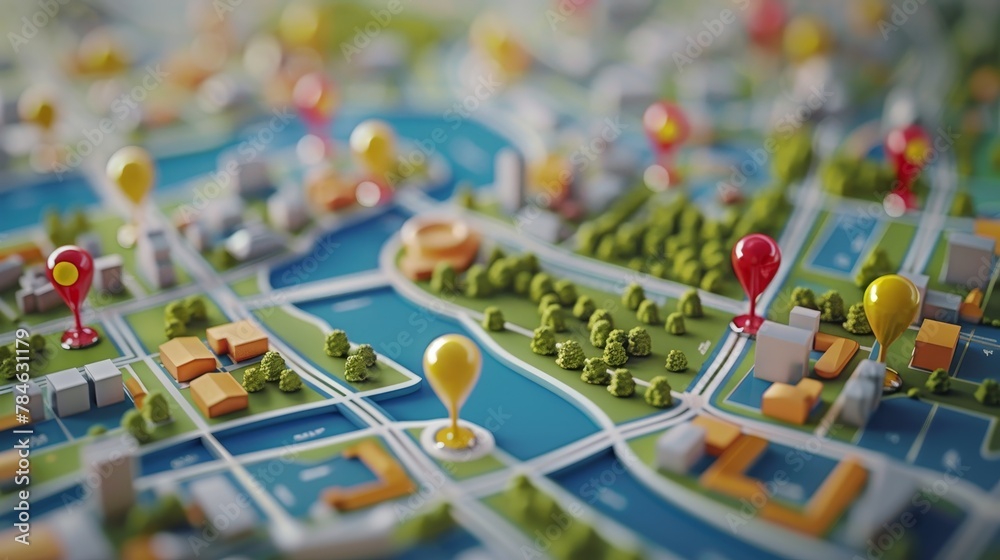 Community Mapping: A 3D vector illustration of a map with pins marking ...