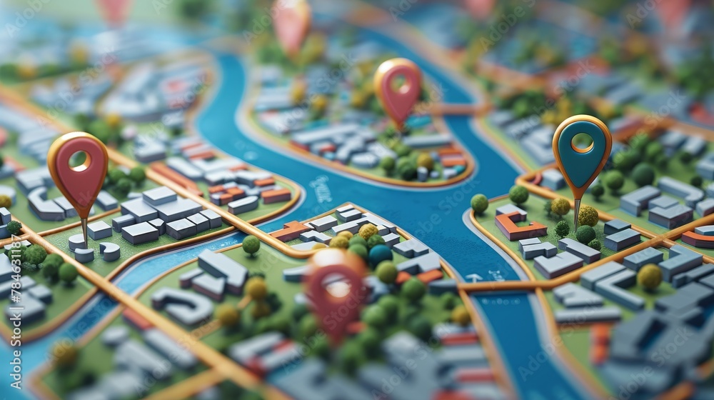Community Mapping: A 3D vector illustration of a map with pins ...