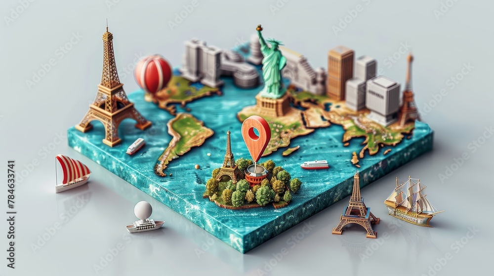 Travel Destination: A 3D vector illustration of a map with a pin ...