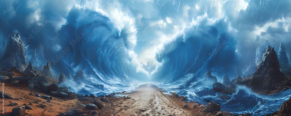 Сomposite of the ocean opening up to form a canal. Moses separate the ...