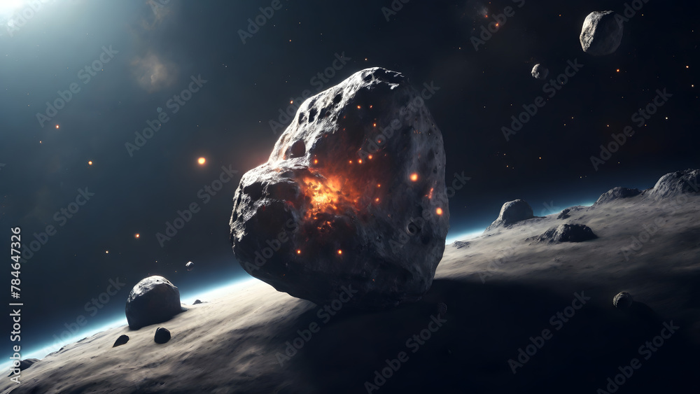 Asteroids with fiery red-orange spots on the surface rest on the ...
