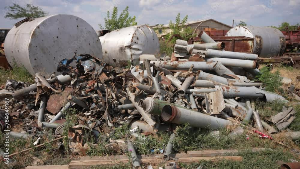 Collection of unexploded aerial bombs collected in farm field. Pile of ...