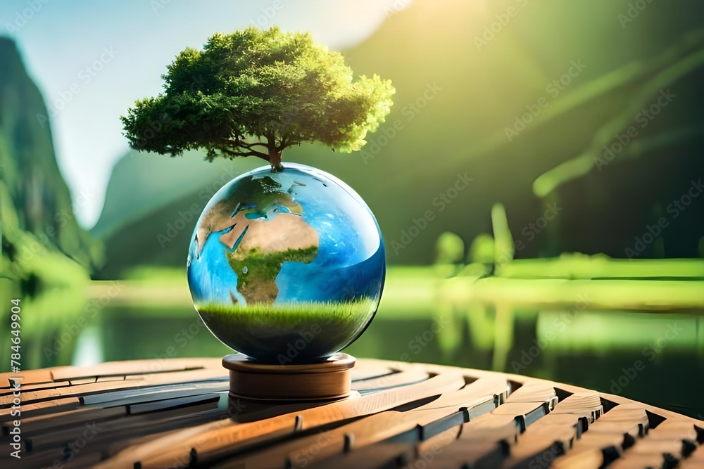 Earth crystal glass globe ball and tree in robot hand saving the ...