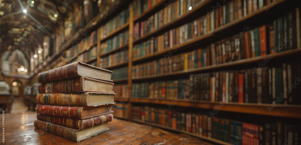 Close-up view of the spines of numerous stacked books in an old library ...