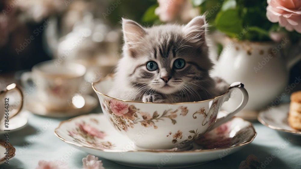 cat in a cup A fluffy Maine Coon kitten with a playful glint in its ...