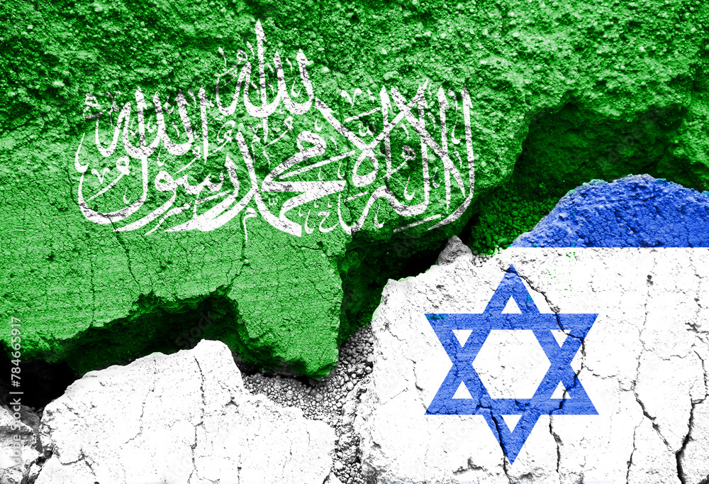 Flags of Israel and Hamas on cracked background, Israeli ans Hama, war ...