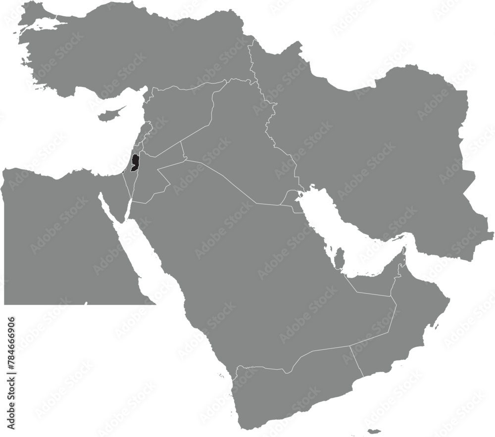Black detailed blank political map of PALESTINE with white borders on ...