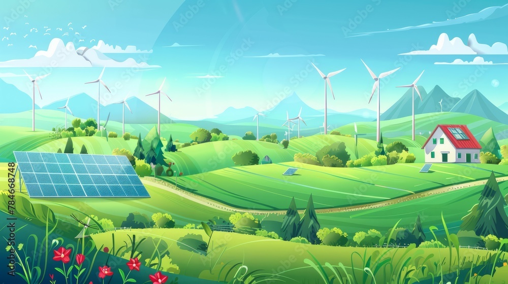 renewable energy banner background with green energy as wind turbines ...