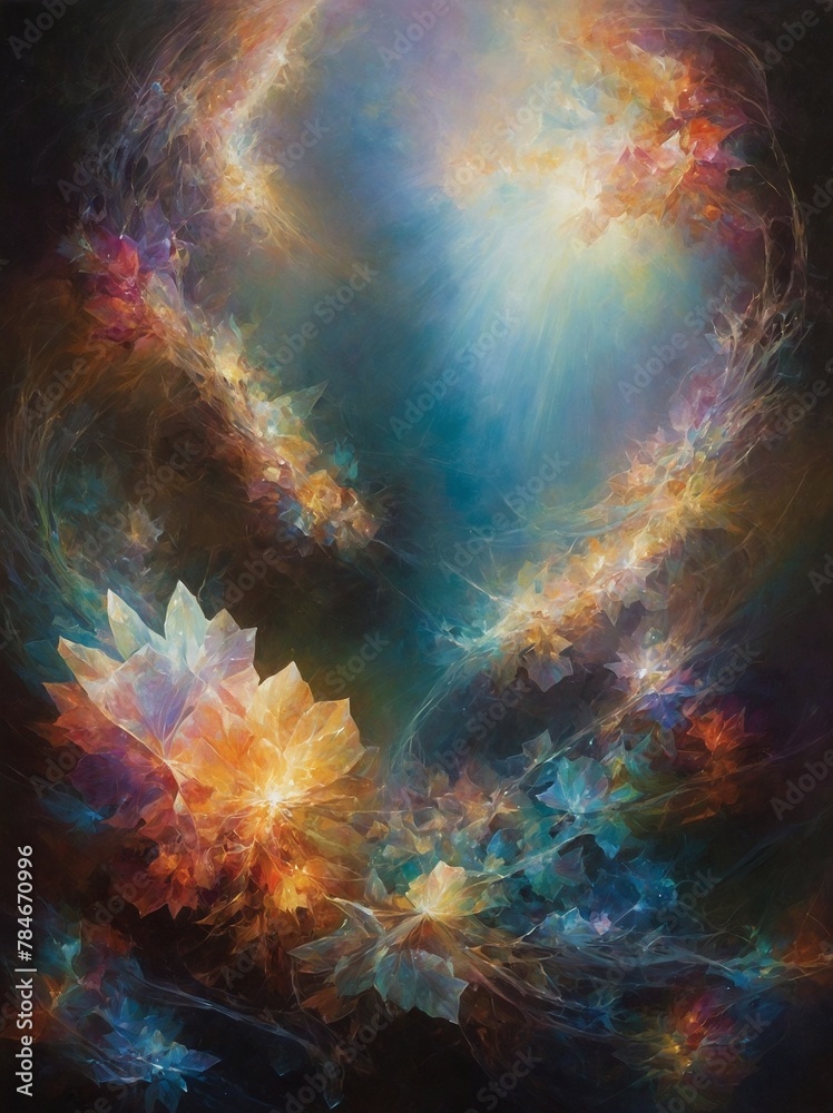 Radiant burst of light illuminates center of image, casting ethereal ...