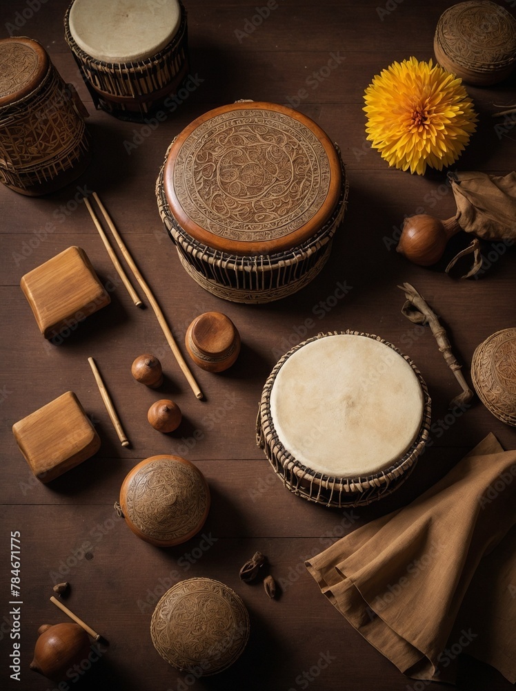 Collection of percussion instruments artfully arranged on dark wooden ...