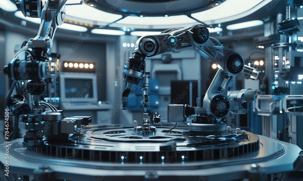 Craft a detailed digital rendering of a futuristic robotics lab with CG ...