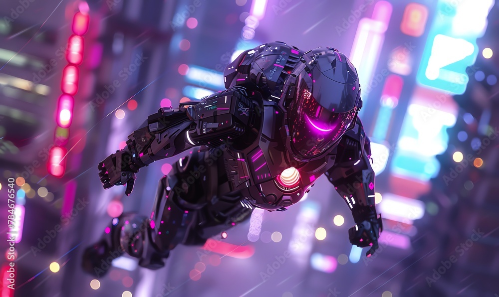 Depict a sleek, metallic robot emerging from a vibrant, neon-lit ...