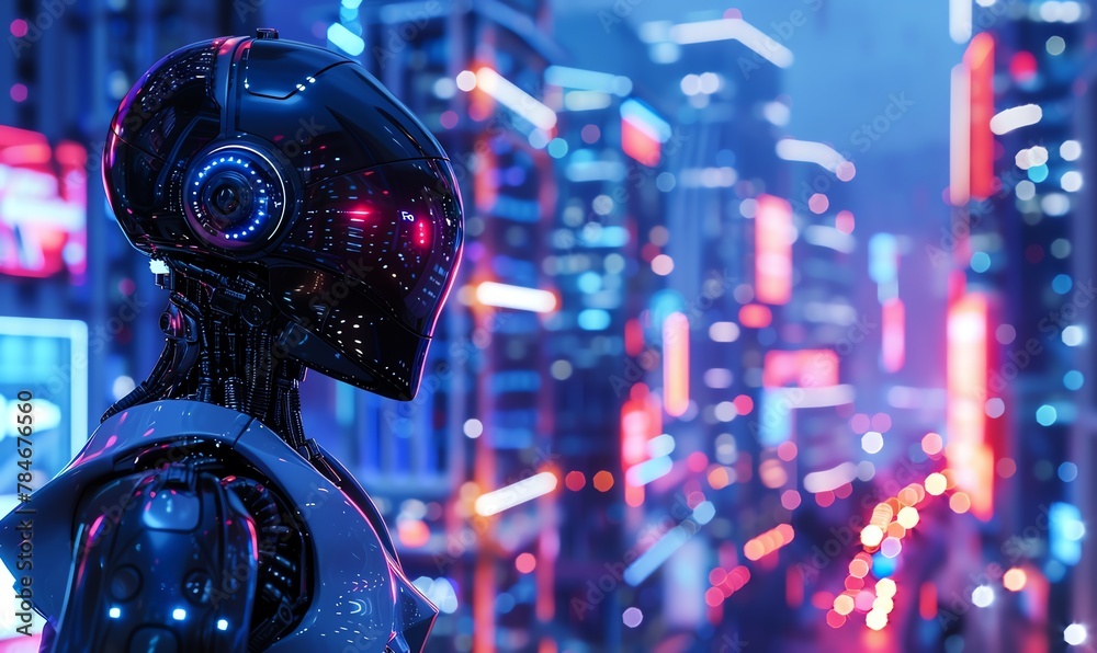 Depict a sleek, metallic robot emerging from a vibrant, neon-lit ...