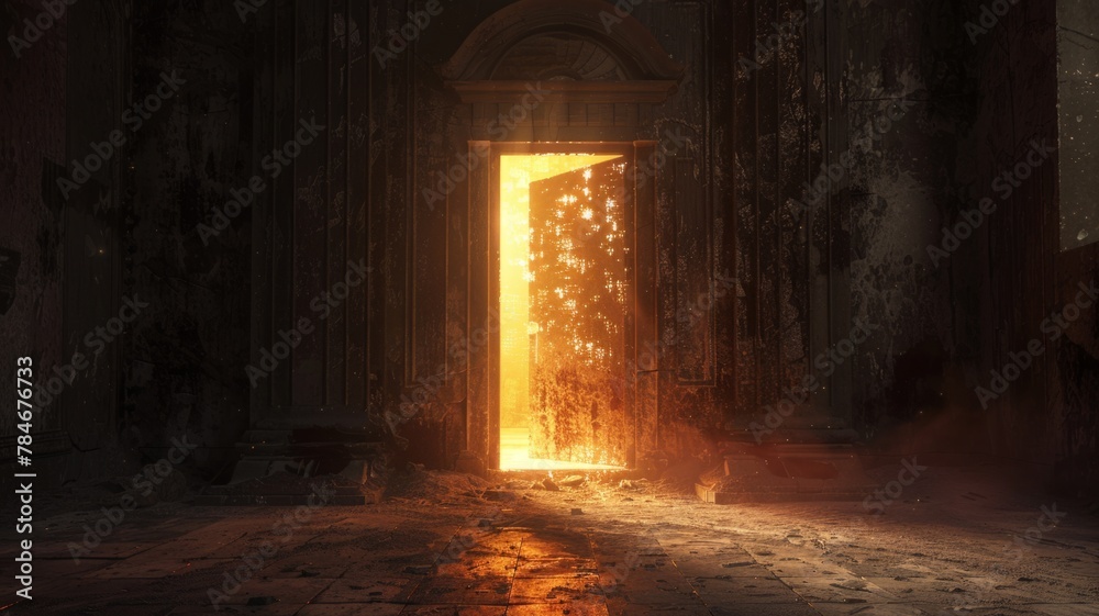 Mysterious doorway glowing with light particles - A surreal, enchanted ... Mysterious doorway glowing with light particles - A surreal, enchanted ...