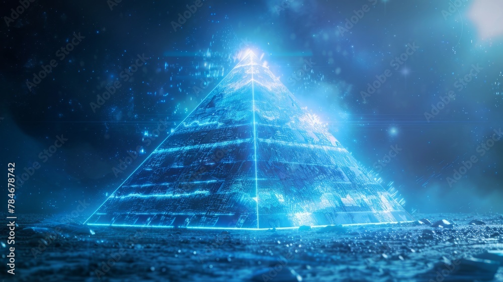 Futuristic blue pyramid in a cosmic environment - This image captures a ...