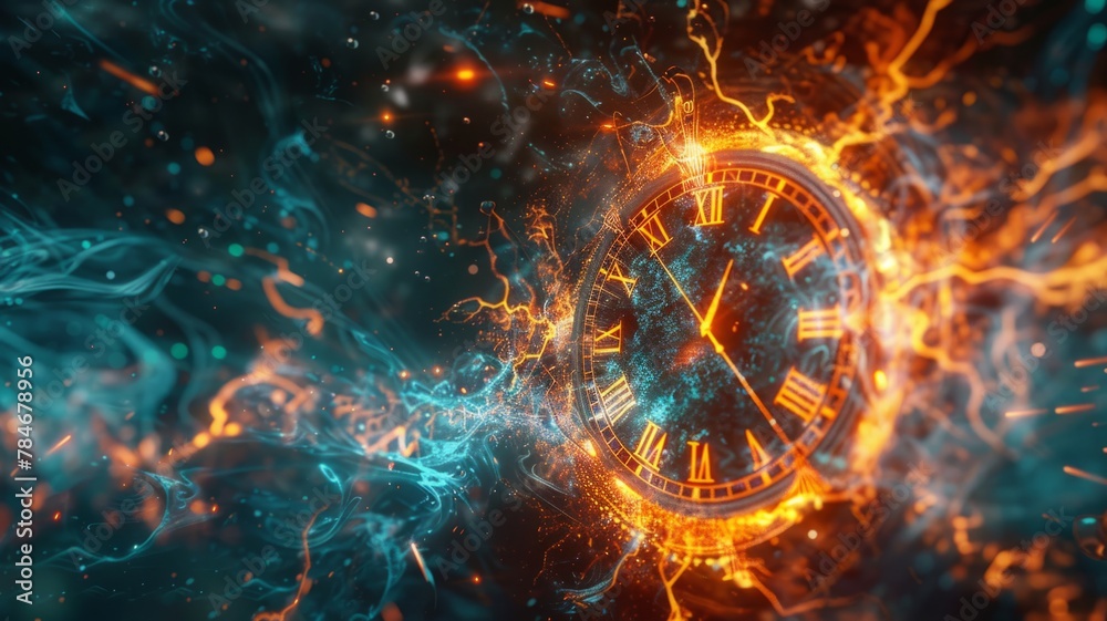 Elegant timepiece amidst vibrant electric surge - An impressive clock ...
