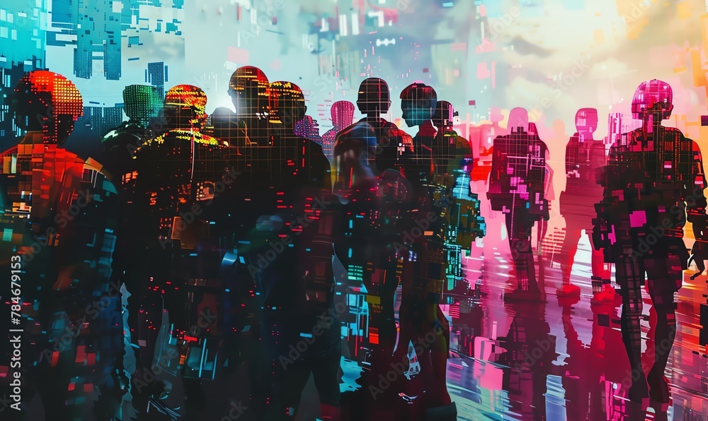 Illustrate a surreal digital world using glitch art techniques, where a ...