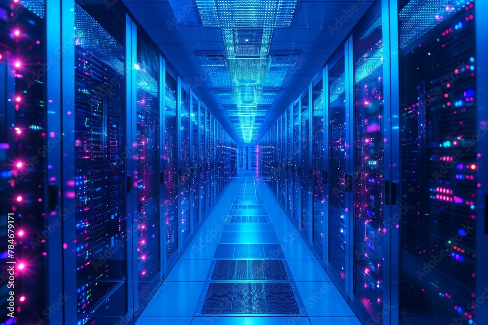 Multiple rows of servers in operation in a large data center, with ...