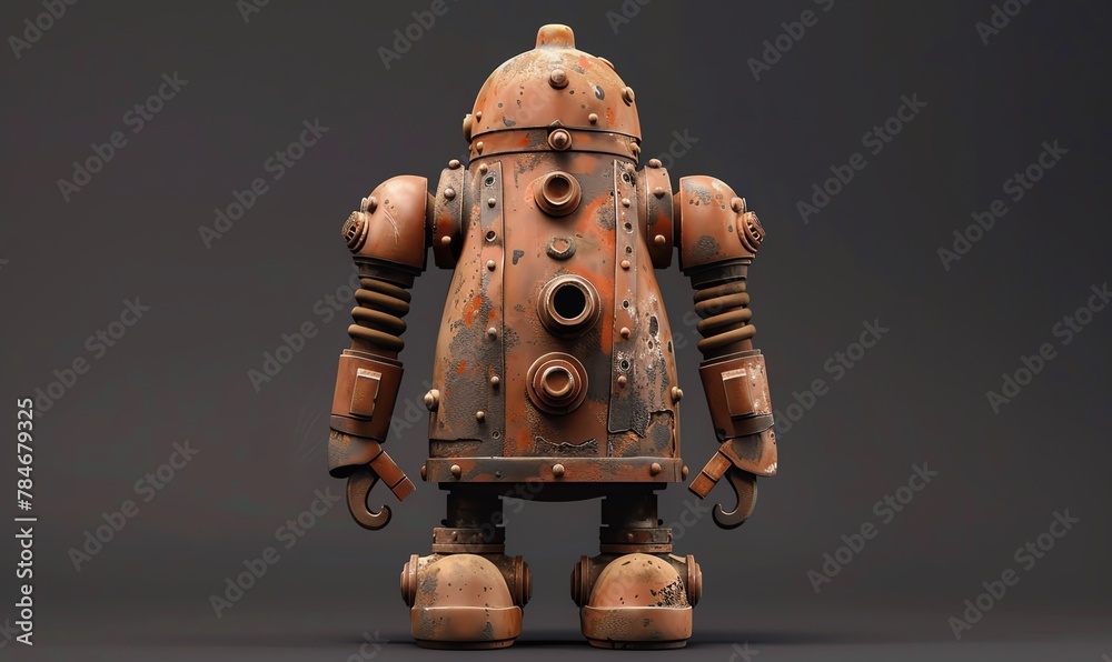 Illustrate a traditional clay sculpture of a retro-style robot seen ...