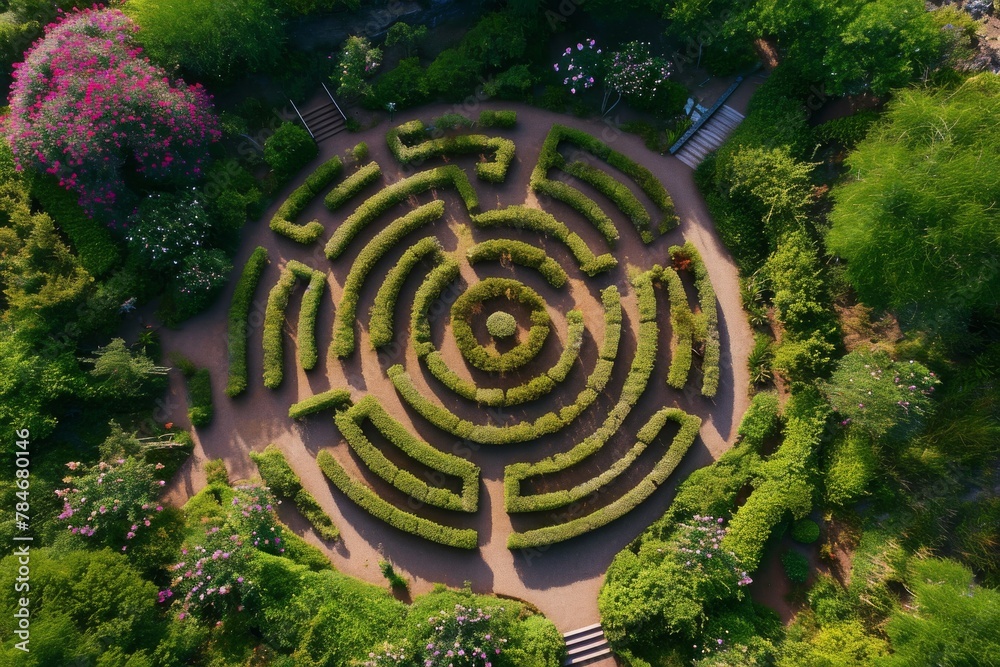 An overhead shot of a garden with a circular layout, showcasing its ...