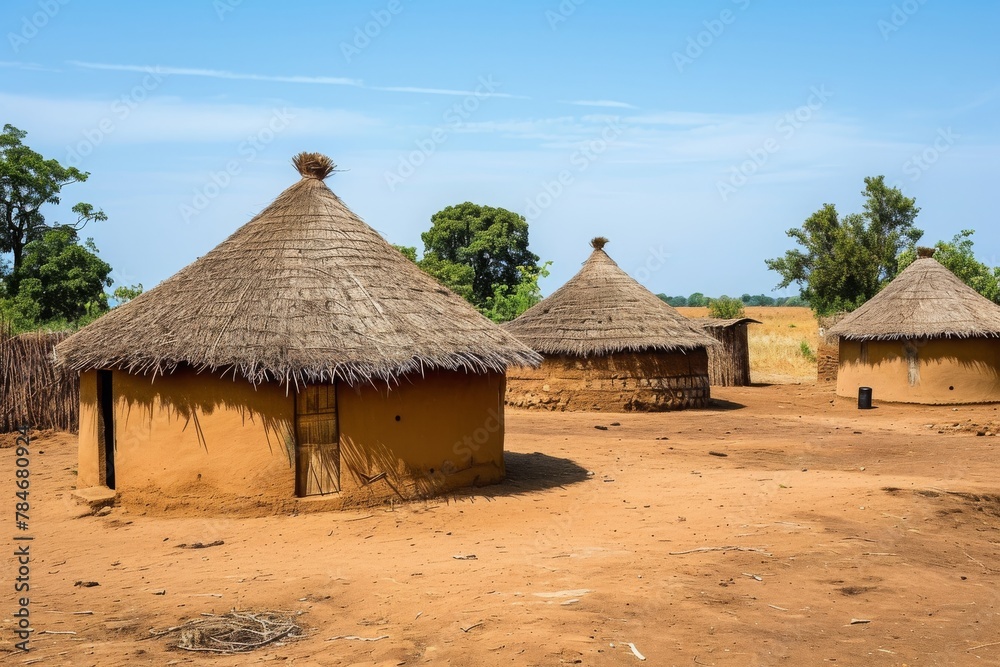 A cluster of huts is situated on top of a dirt field, A traditional ...