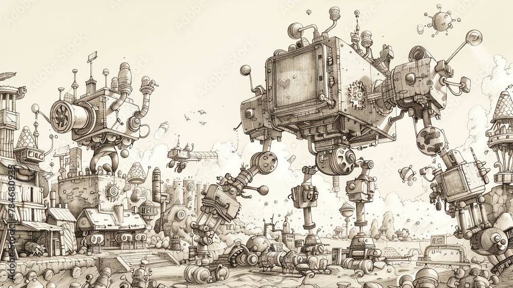 Produce a detailed pen and ink drawing of autonomous robots in a ...
