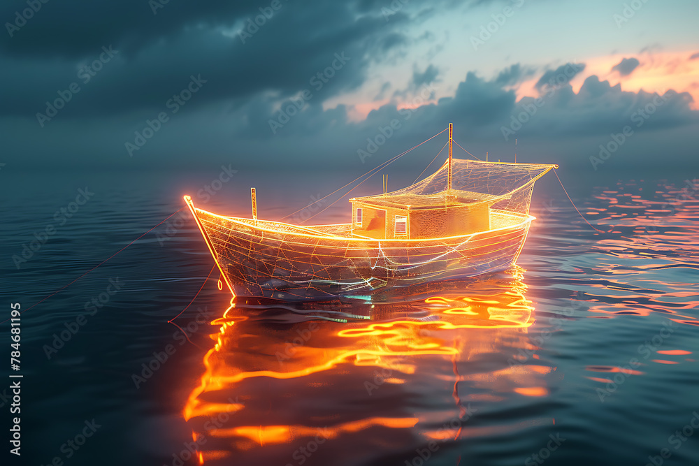 Intricate wireframe-based visualization of a glowing translucent ...
