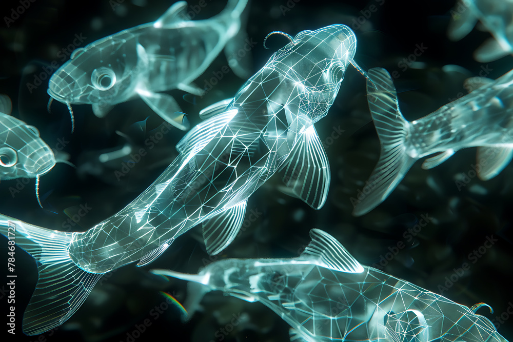 Intricate wireframe-based visualization of a fish set against a glowing ...