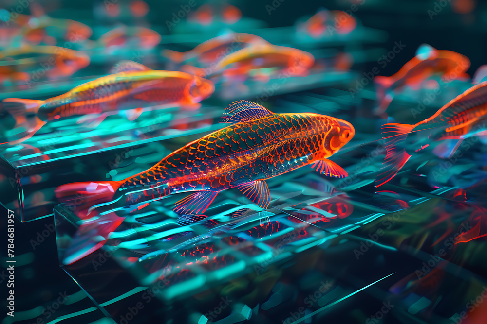 Intricate wireframe-based visualization of a fish set against a glowing ...