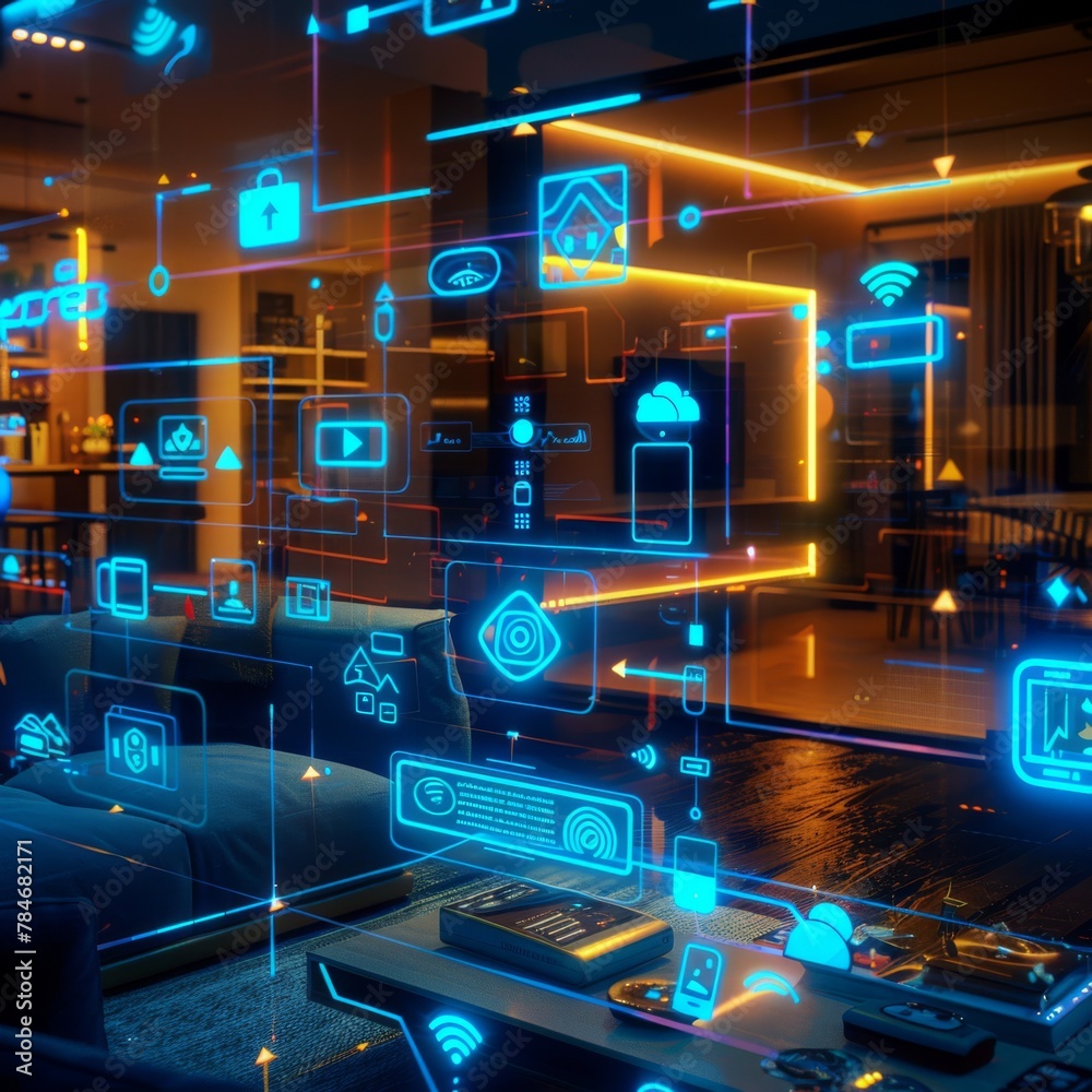 A holographic visualization of an entire smart home, with various ...