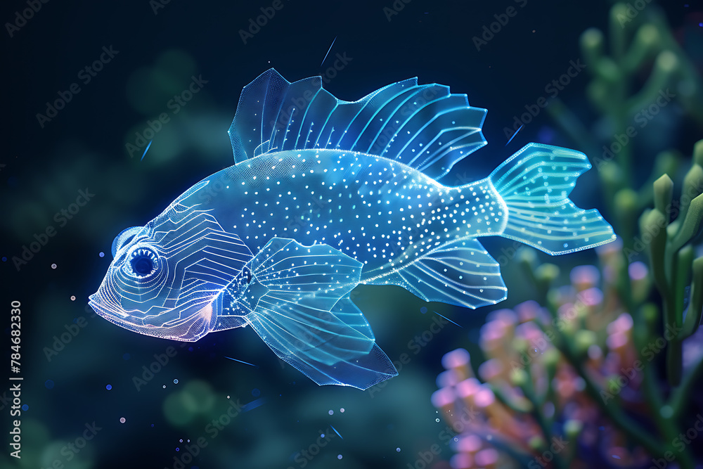 Intricate wireframe-based visualization of a fish set against a glowing ...