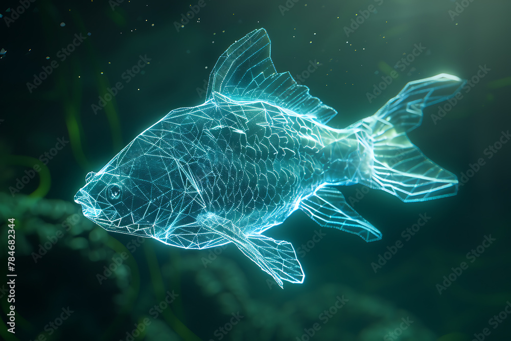 Intricate wireframe-based visualization of a fish set against a glowing ...