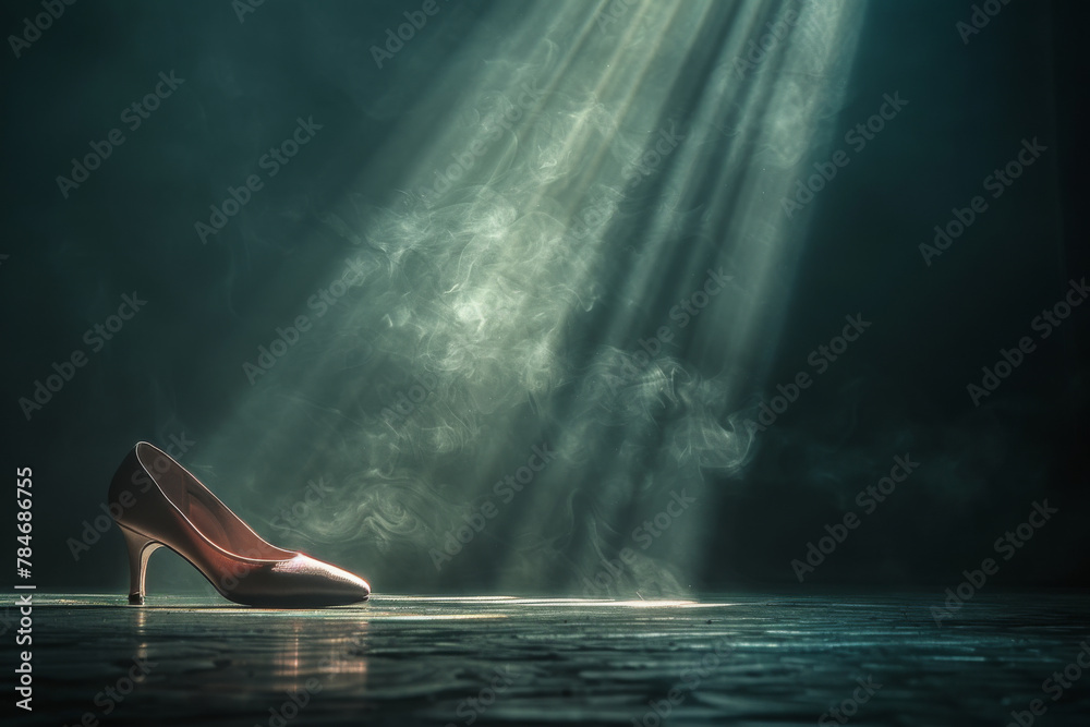 Enigmatic Single Shoe Spotlighted on Stage with Dramatic Light Rays ...