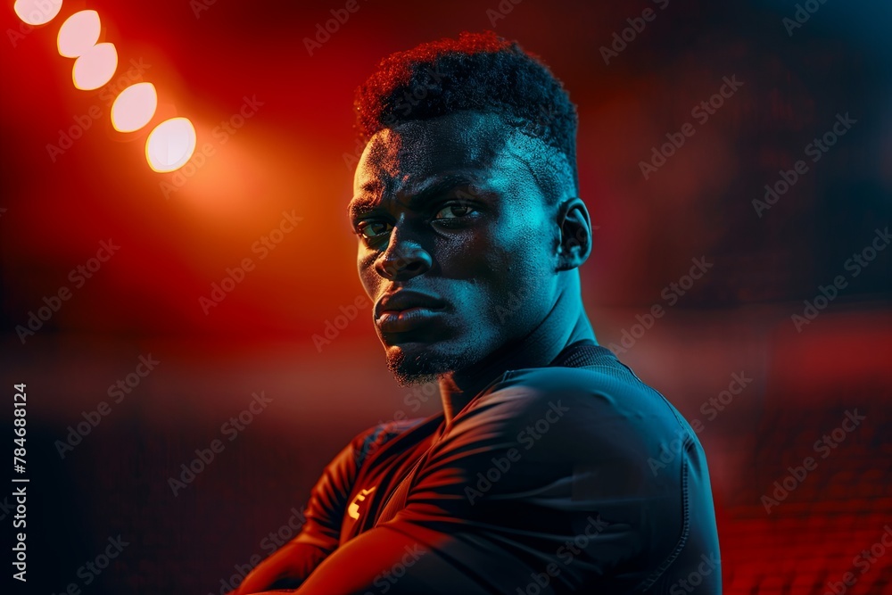 Professional male rugby player posing isolated on stadium background ...