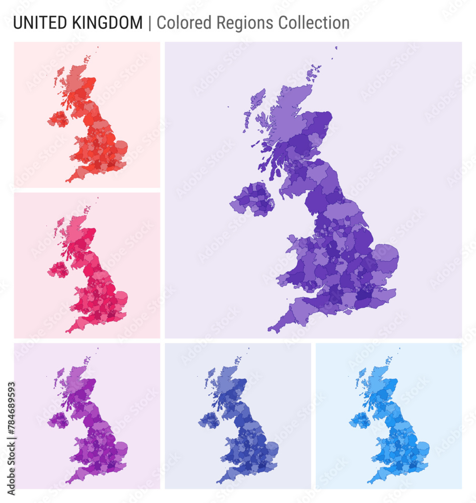 United Kingdom map collection. Country shape with colored regions. Deep ...