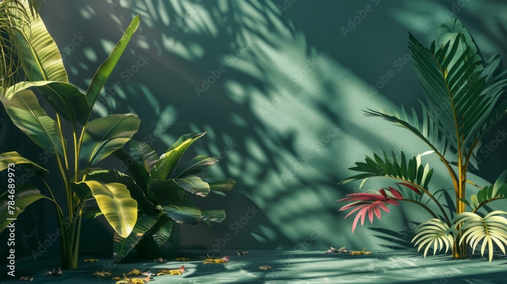 Tropical plants casting shadows on a wall - A serene scene capturing ...