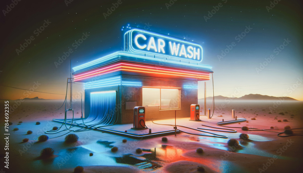 Photo & Art Print A neon-lit car wash stands isolated in a desert ...