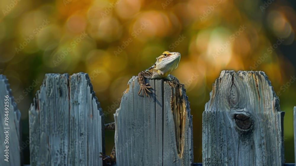 Bearded dragon on an old wooden fence - Sunlight gently highlights a ...