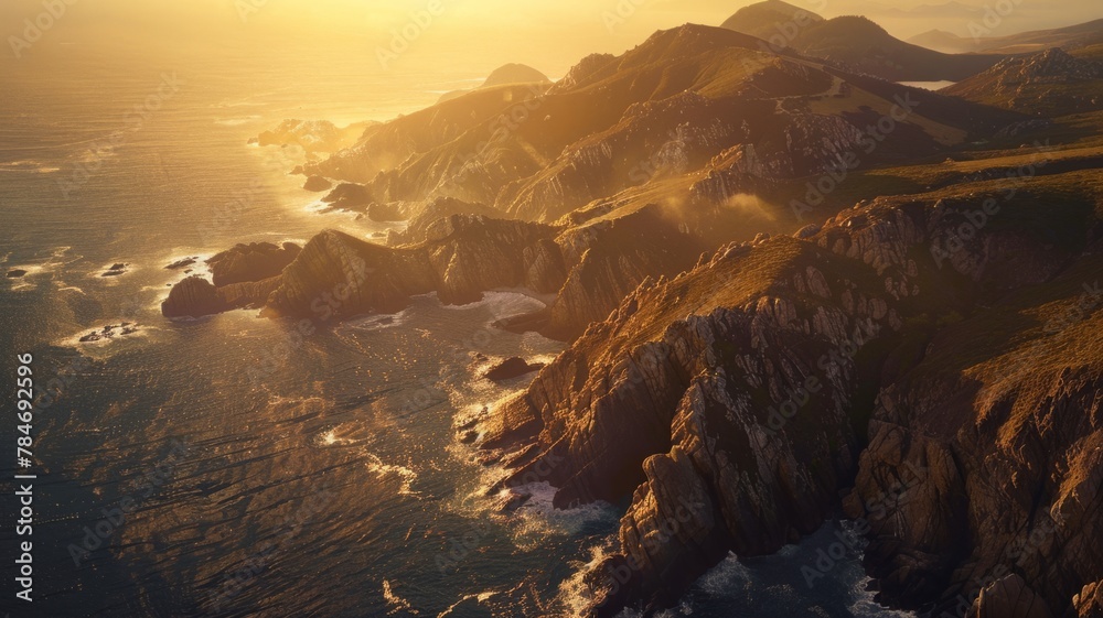 Sun-kissed cliffs along a scenic coastal landscape - The photo captures ...