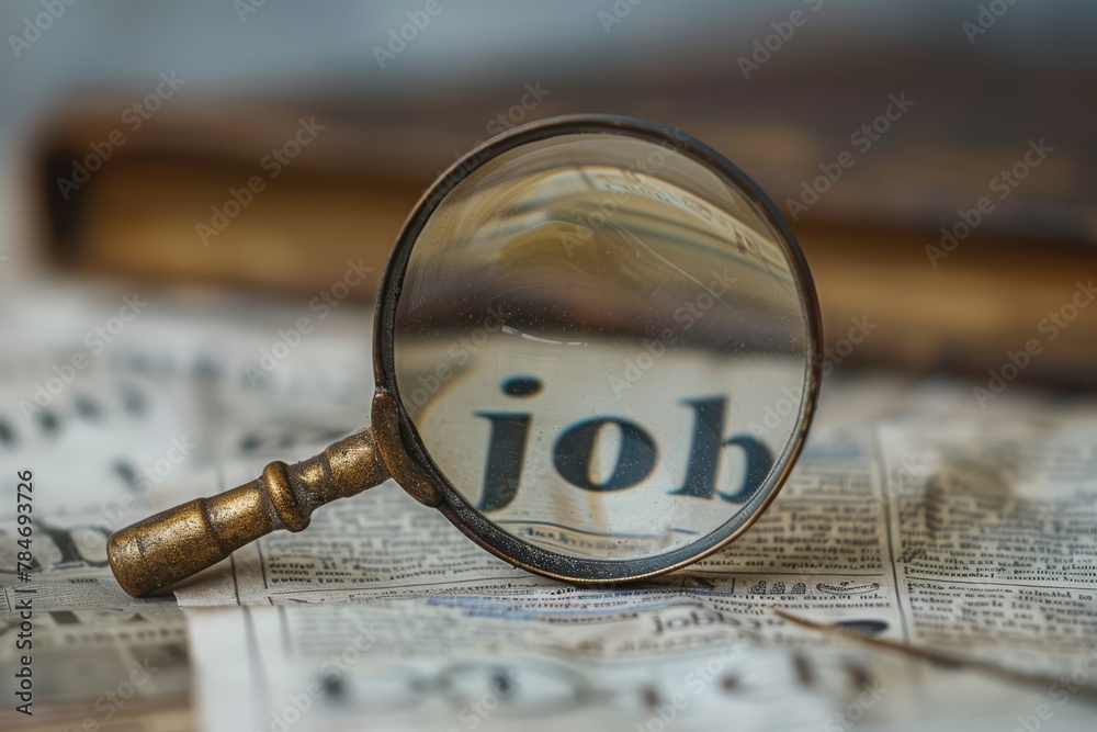 Magnifying glass focusing on the word 'job' in a newspaper, depicting ...