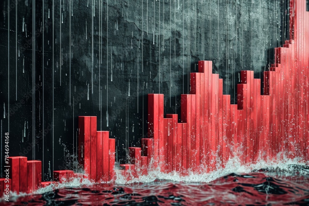 A photo of a red bar chart displayed on a black background ...