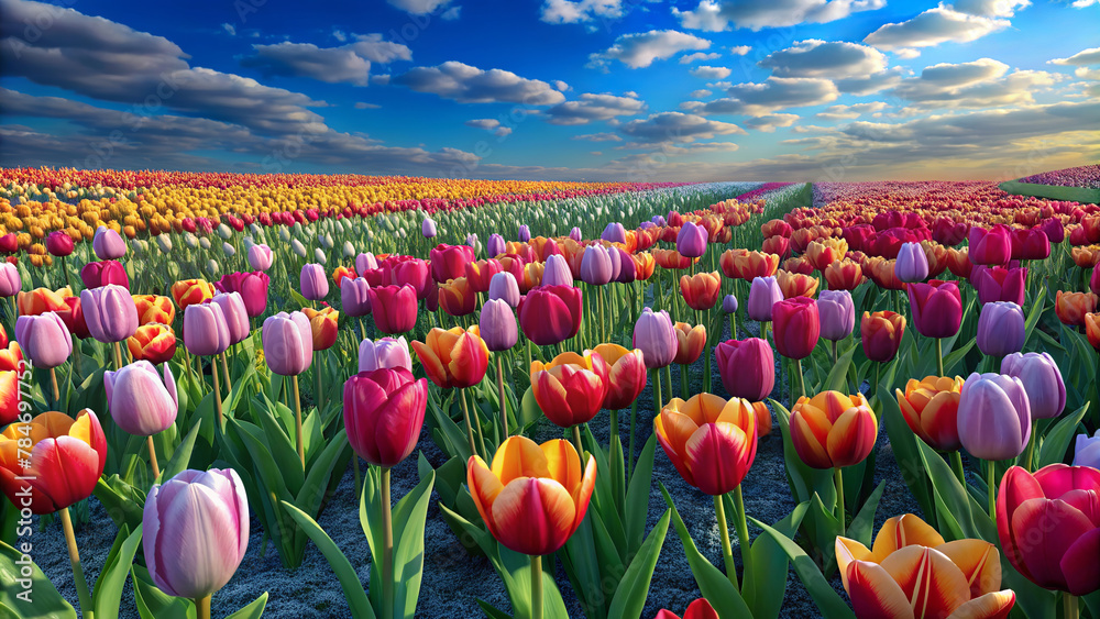 Vast fields of colourful tulips stretch towards the horizon under a ...
