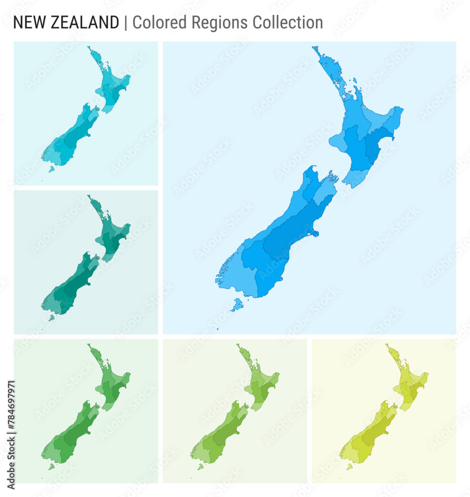 New Zealand map collection. Country shape with colored regions. Light ...