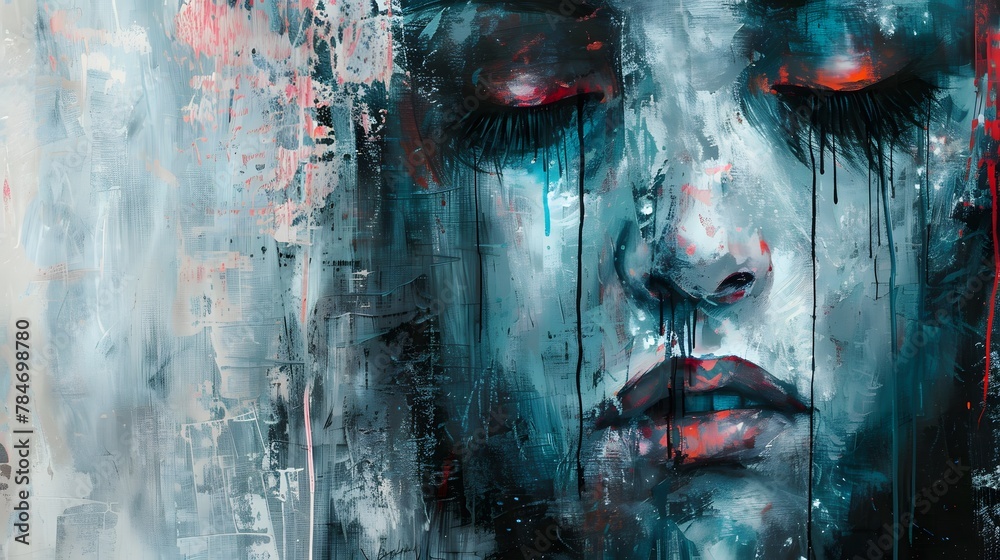 An Abstract showing a Woman's eerie face with red devil mask seen ...