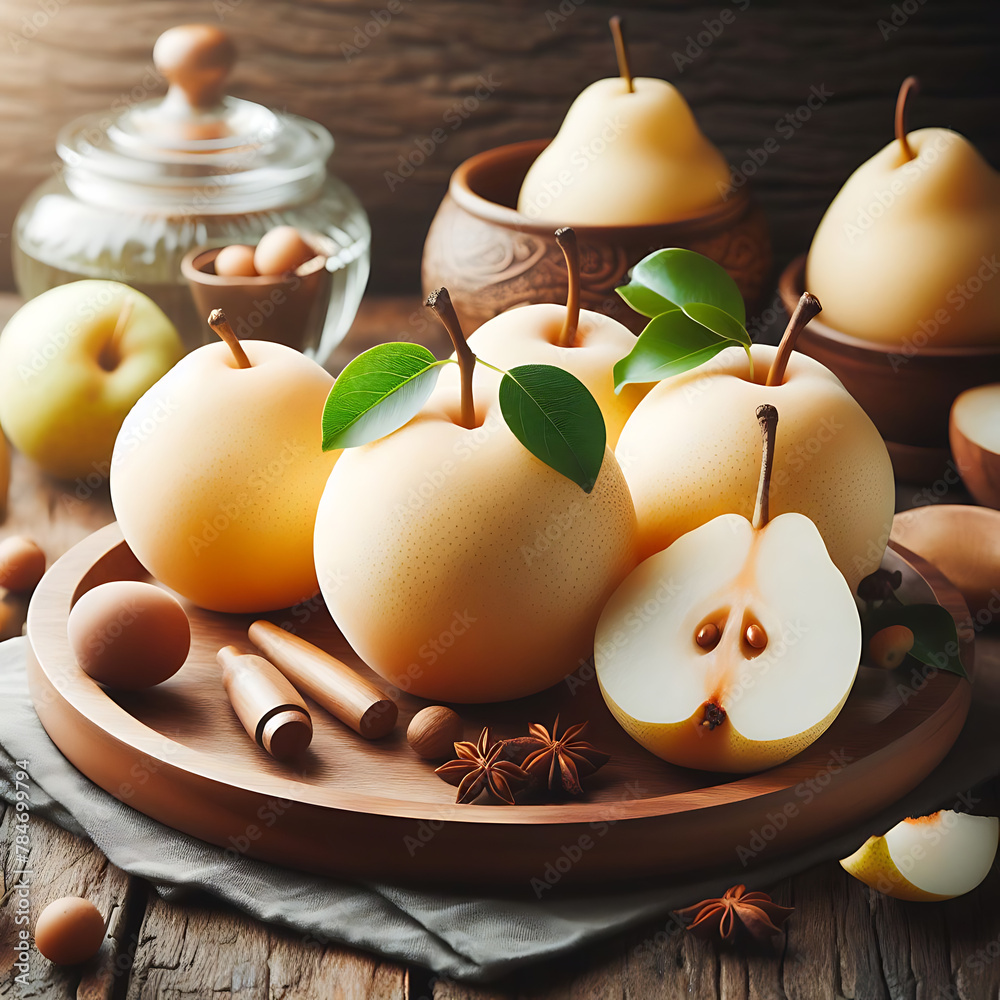 Chinese pear with cut in half on white table. Pear Plant. Pears on ...