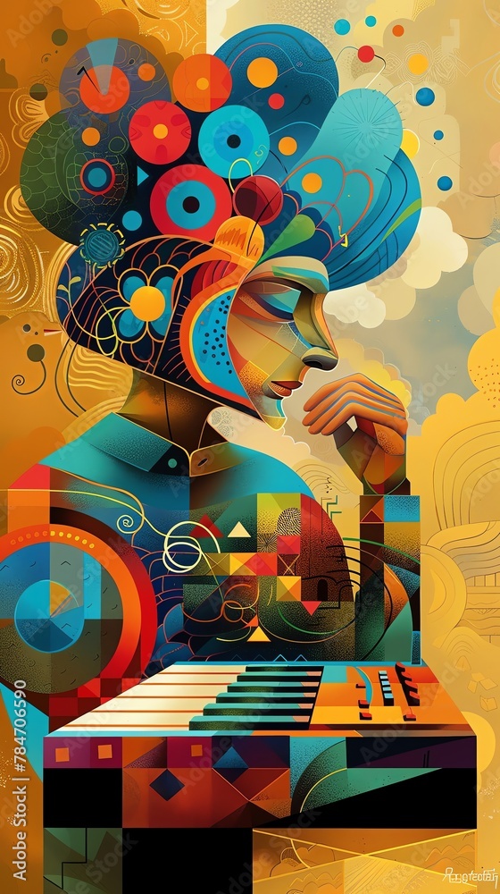 Capture the intricate details of a holographic synth player merging ...