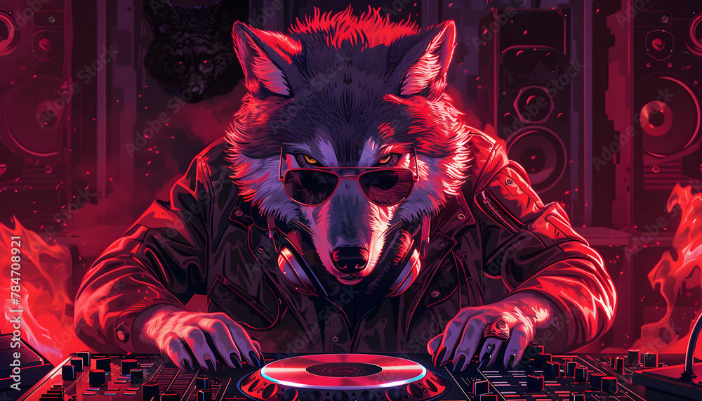 Anthropomorphic wolf DJ having fun at a trendy club night party for ...
