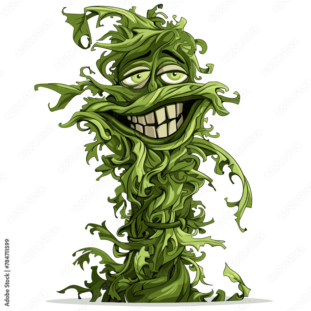 Cartoon green seaweed monster with funny face. Vector illustration ...