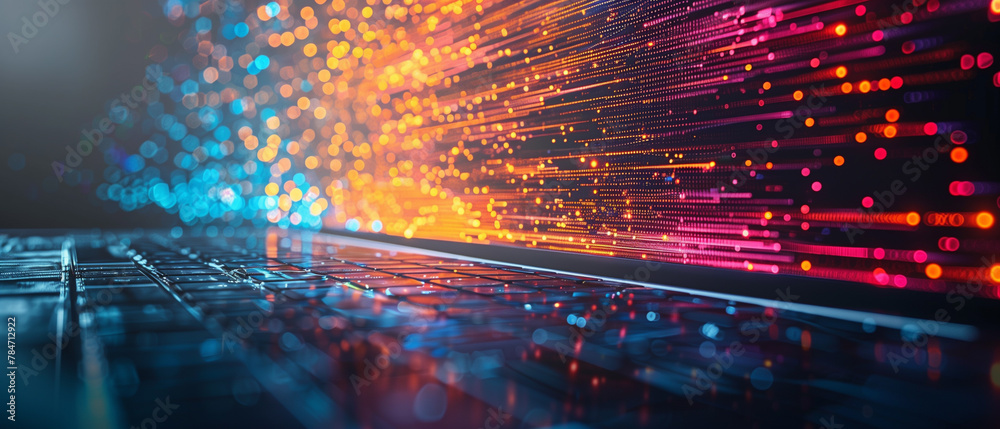 An abstract depiction of data flowing seamlessly between a laptop and a ...